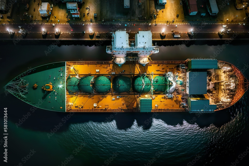 Top view of a large LNG or liquefied gas tanker carrying its cargo ...