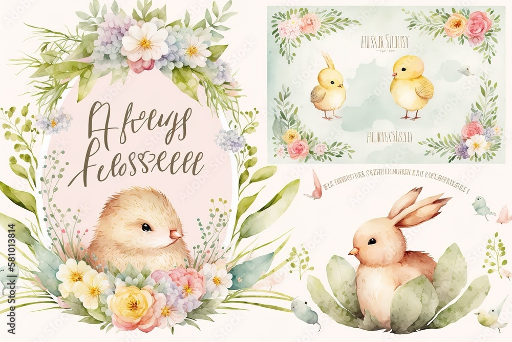 Happy Easter! Vector illustrations of watercolor cute bunny, chick ...