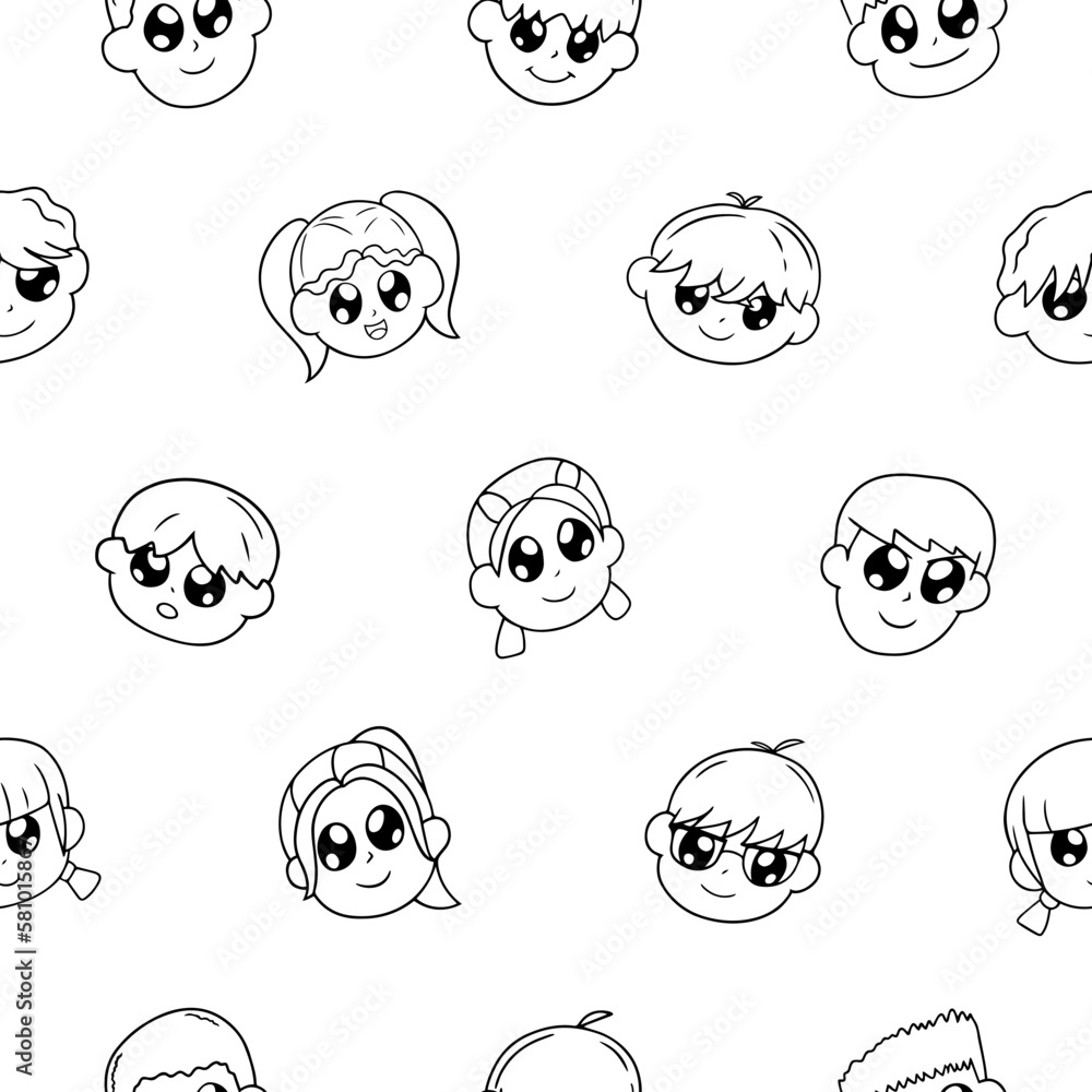 Cartoon kid faces seamless pattern. Different kids with emotions ...
