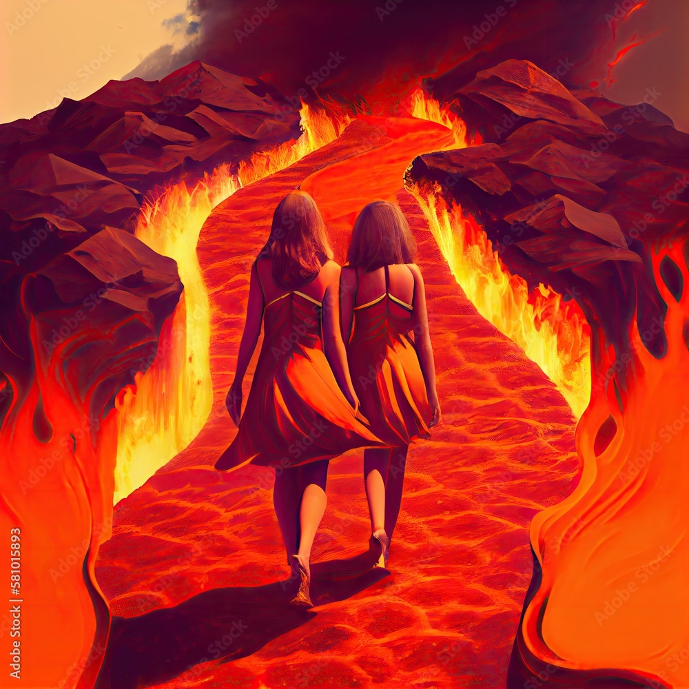 girls in bikini walk on path between fiery hills as gate of hell ...