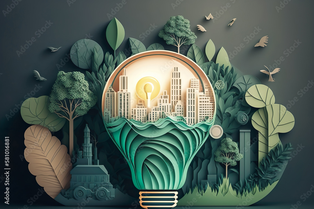 Paper cut of light bulb with green eco city , Renewable energy by 2050 ...