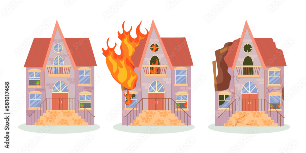 A destroyed building after a fire or an earthquake. Ruined city ...