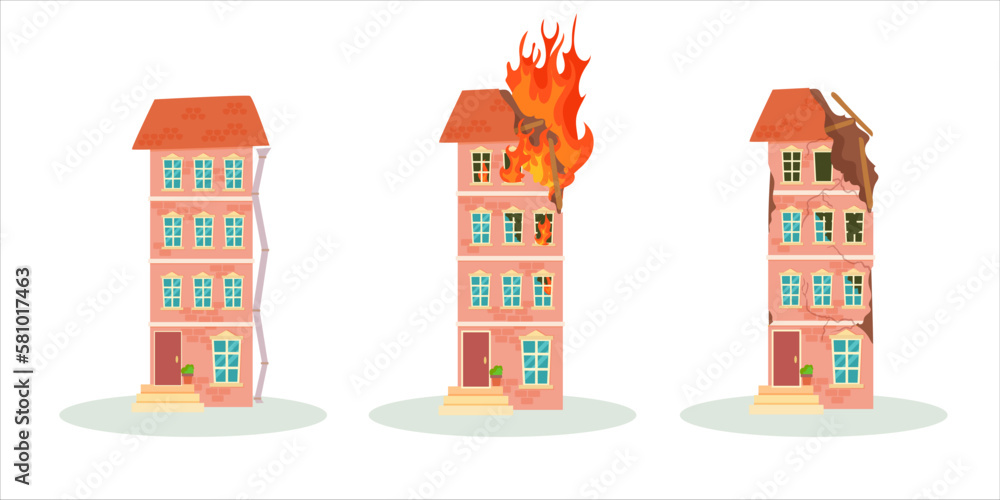 A destroyed building after a fire or an earthquake. Ruined city ...