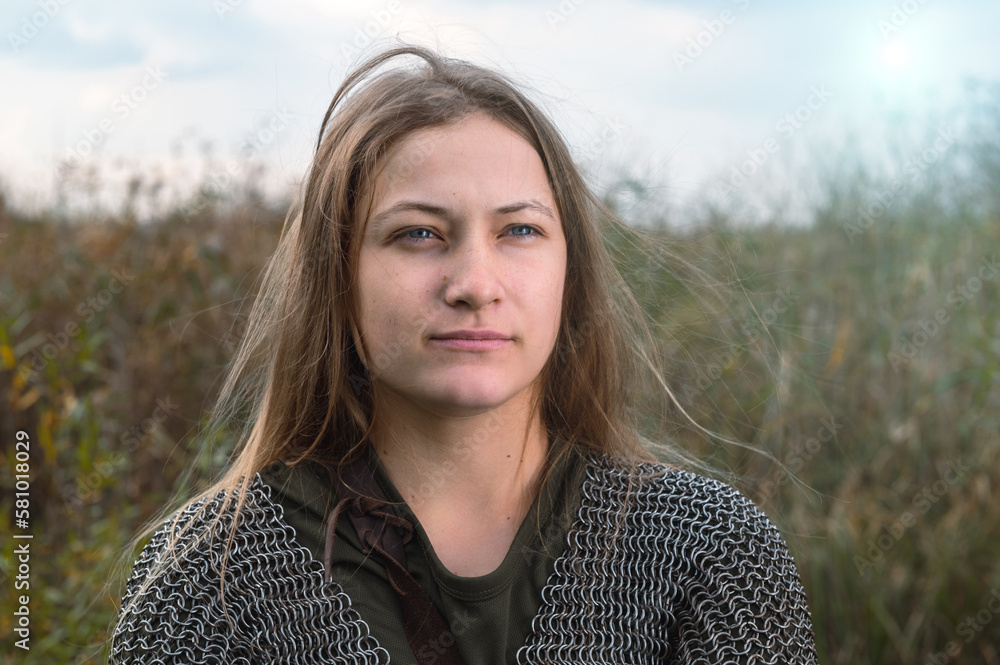 Woman soldier of the medieval army. Portrait of woman in image of ...