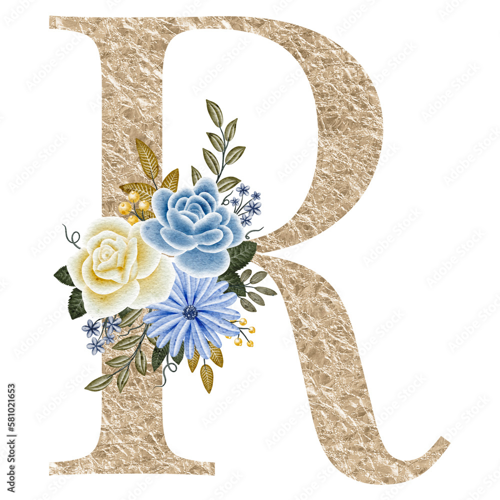 Floral alphabet, gold letter R with watercolor flowers and leaf Stock ...