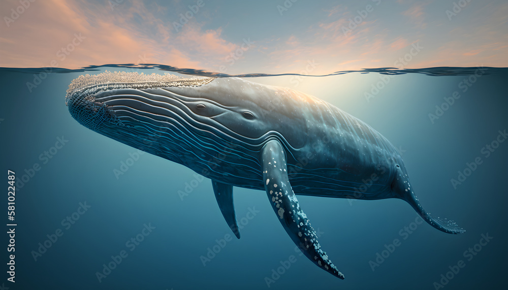 Blue whale in water, side view, golden hour Stock Illustration | Adobe ...