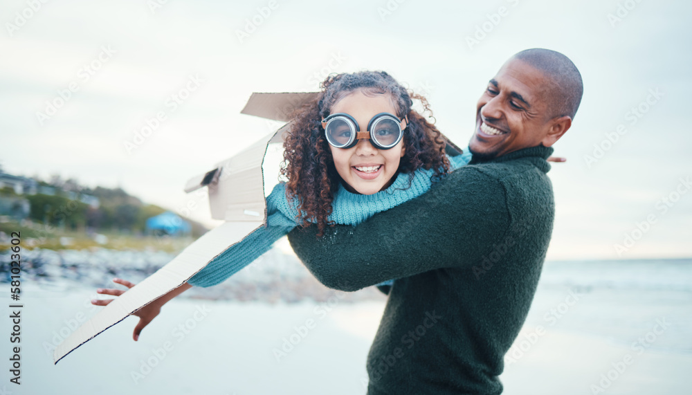 Beach, black family and daughter flying with her father while playing ...