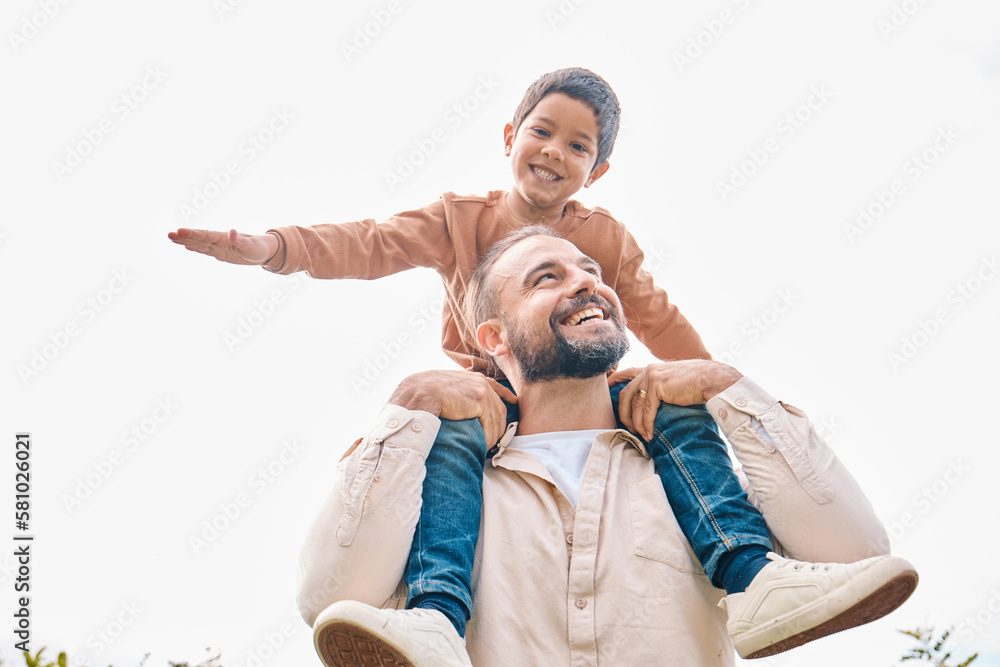 Family, children and boy sitting on the shoulders of his father outdoor ...