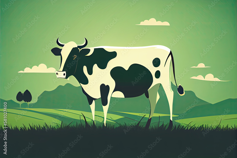 Vector illustration in a flat style depicting a cow grazing in a field ...