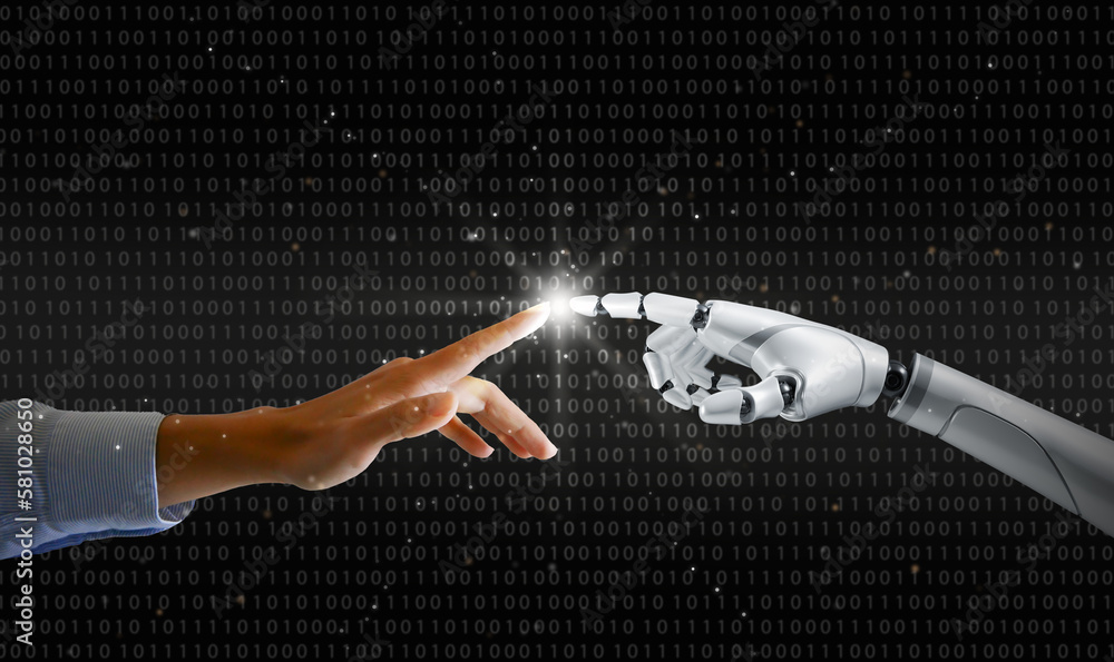 Robot and human hands touch and connect on binary code background ...