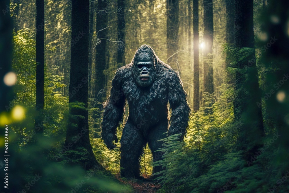 frightening mysterious bigfoot hides in dense forest thickets, created with generative ai Stock ...