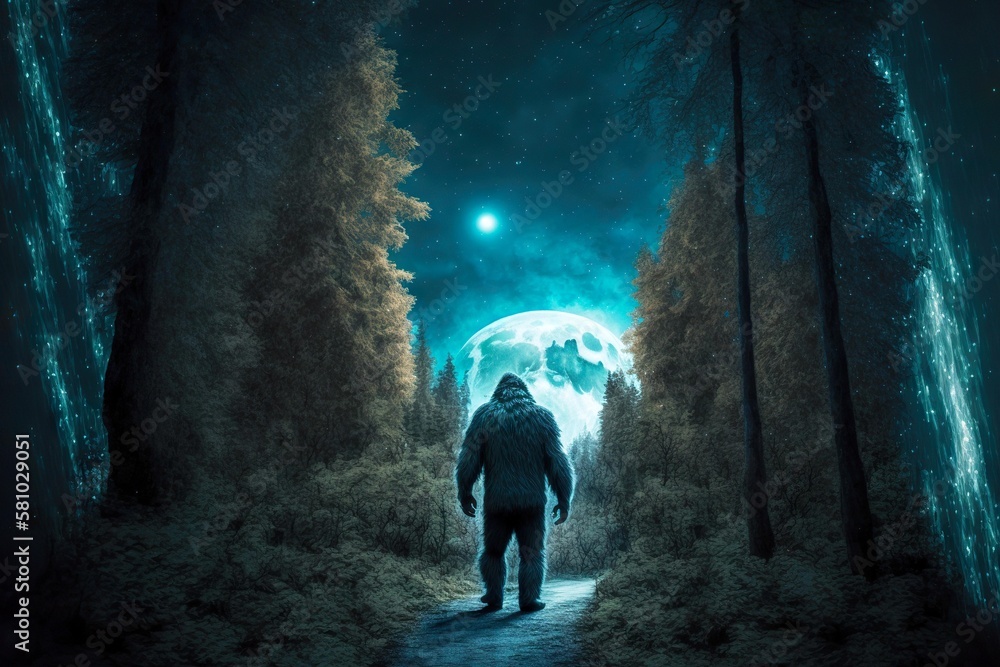 huge shaggy bigfoot stands on path against background of lunar forest, created with generative ...