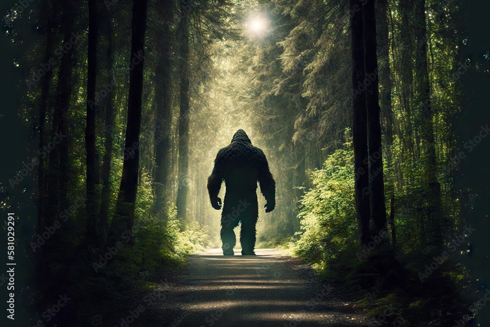 powerful mystical bigfoot walks along forest path in summer forest, created with generative ai ...