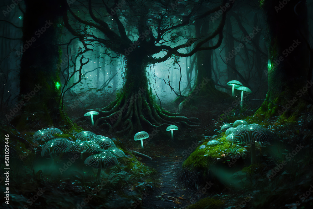 In an enchanted forest, a misty woodland glows under the light of the ...