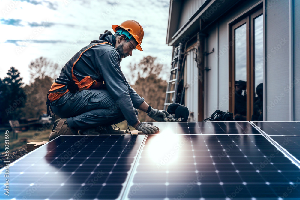construction worker installs solar panels on the roof of a house - Ai ...