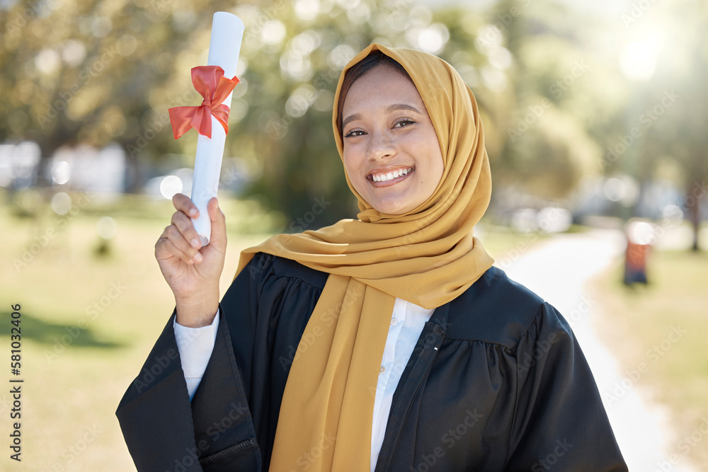 College graduation portrait of muslim woman with education certificate ...