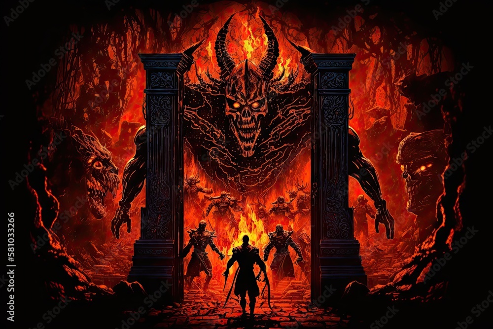 inferno hell with gate to hell and figures of angry demons, created ...