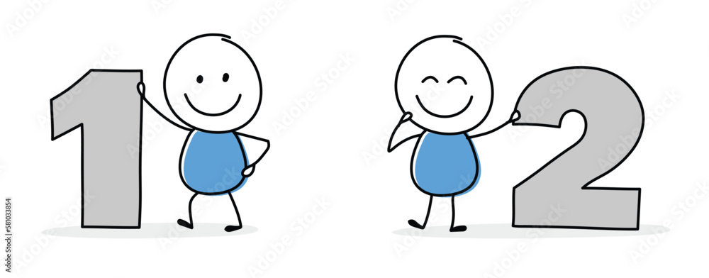 Collection of a cartoon stickman holding number one and two icons. Hand ...