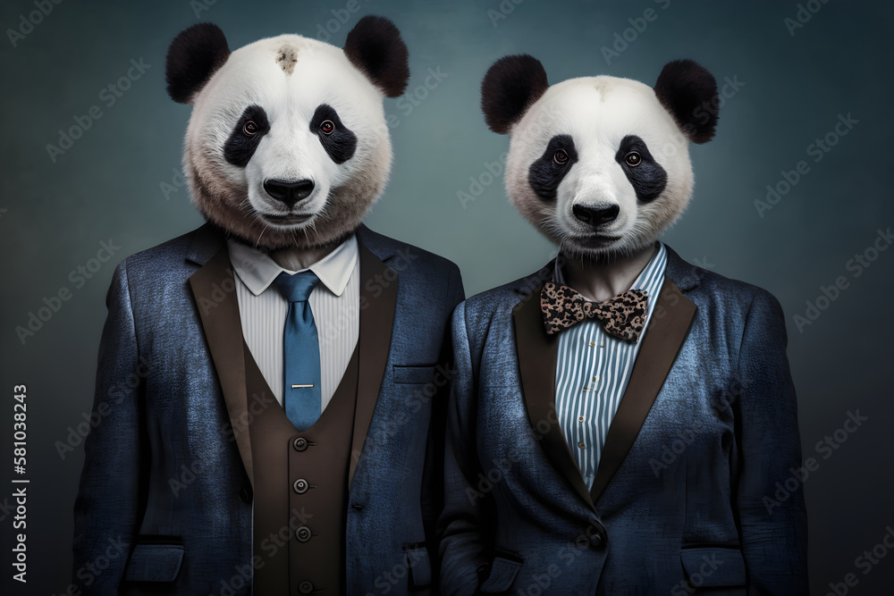 Bamboo Business Tycoons: Panda Couple Dressed in Sharp Business Suit, Creative stock image of ...