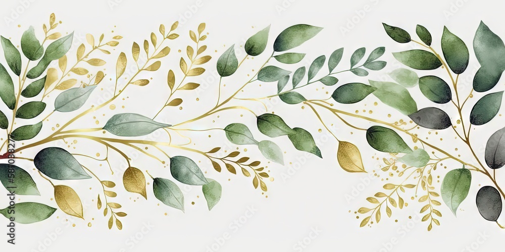 An illustration of green and gold leaves and branches with a watercolor ...