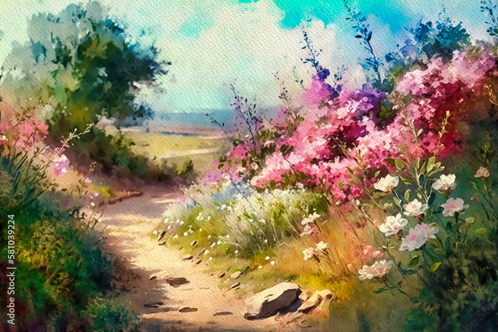 Watercolor painting landscape, artwork, fine art, landscape with ...