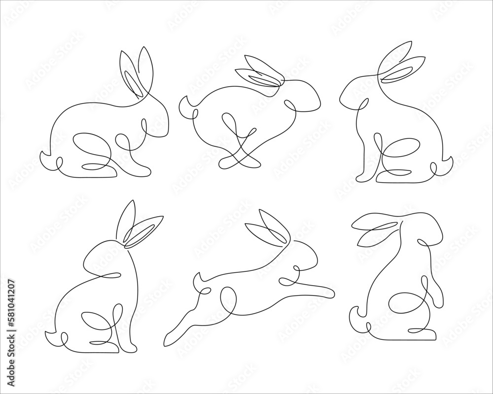 Bunny line art style icon set. Rabbit line art icon collection. Set of ...