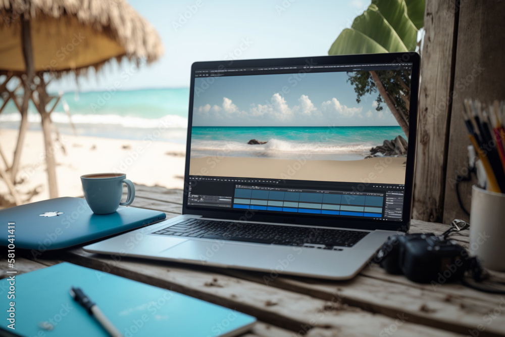 Art remote work in a tropical sea beach. Dream work office background ...
