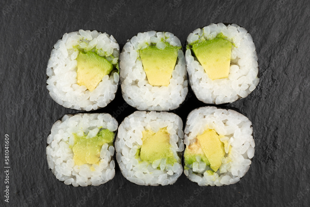Above ground Japanese sushi food. Maki and rolls with tuna, salmon ...