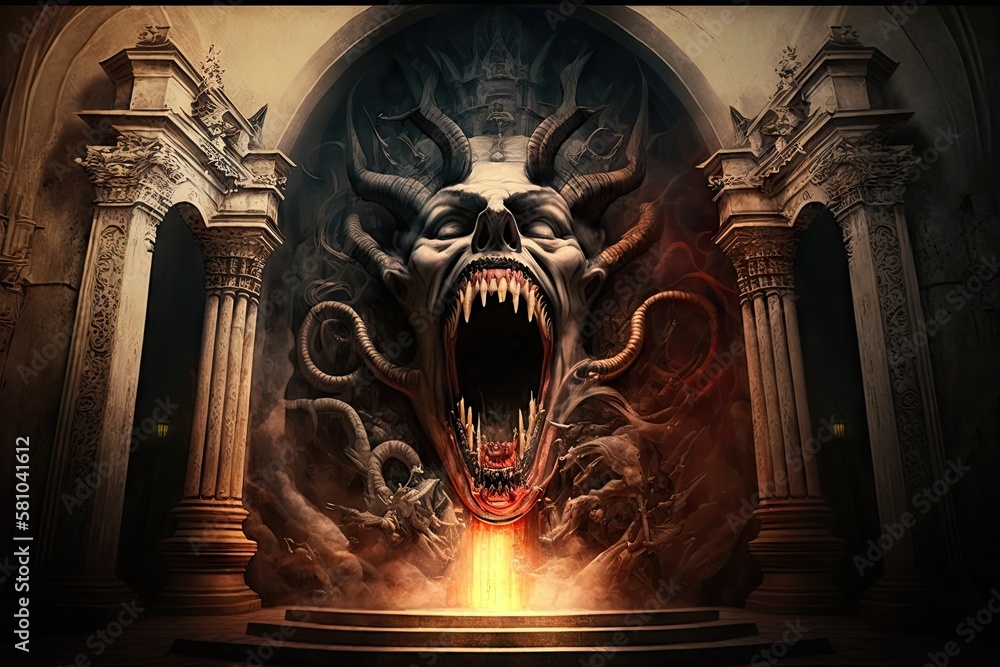 deadly gaping mouth to gate to hell in front of altar, created with ...