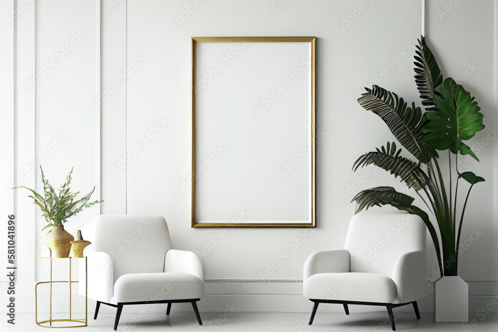 One frame blank mock up in modern living room interior, white colors ...