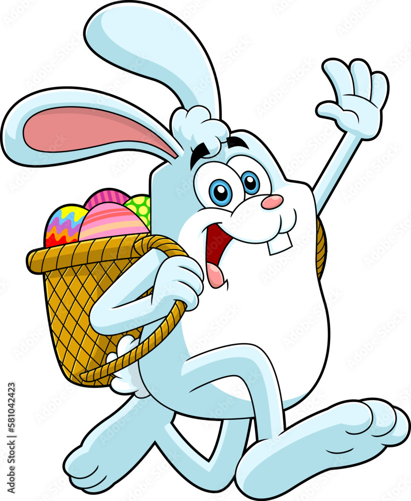 Easter Bunny Cartoon Character Running With A Basket And Eggs. Vector ...