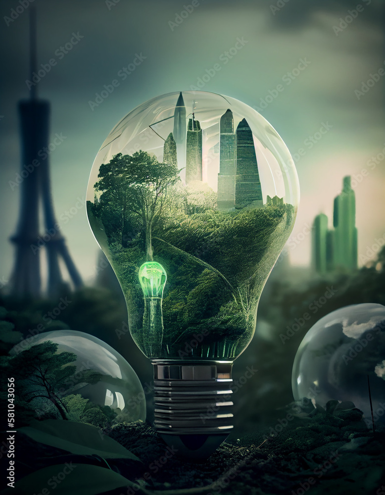 Green city with large trees and modern tall buildings inside light bulb ...