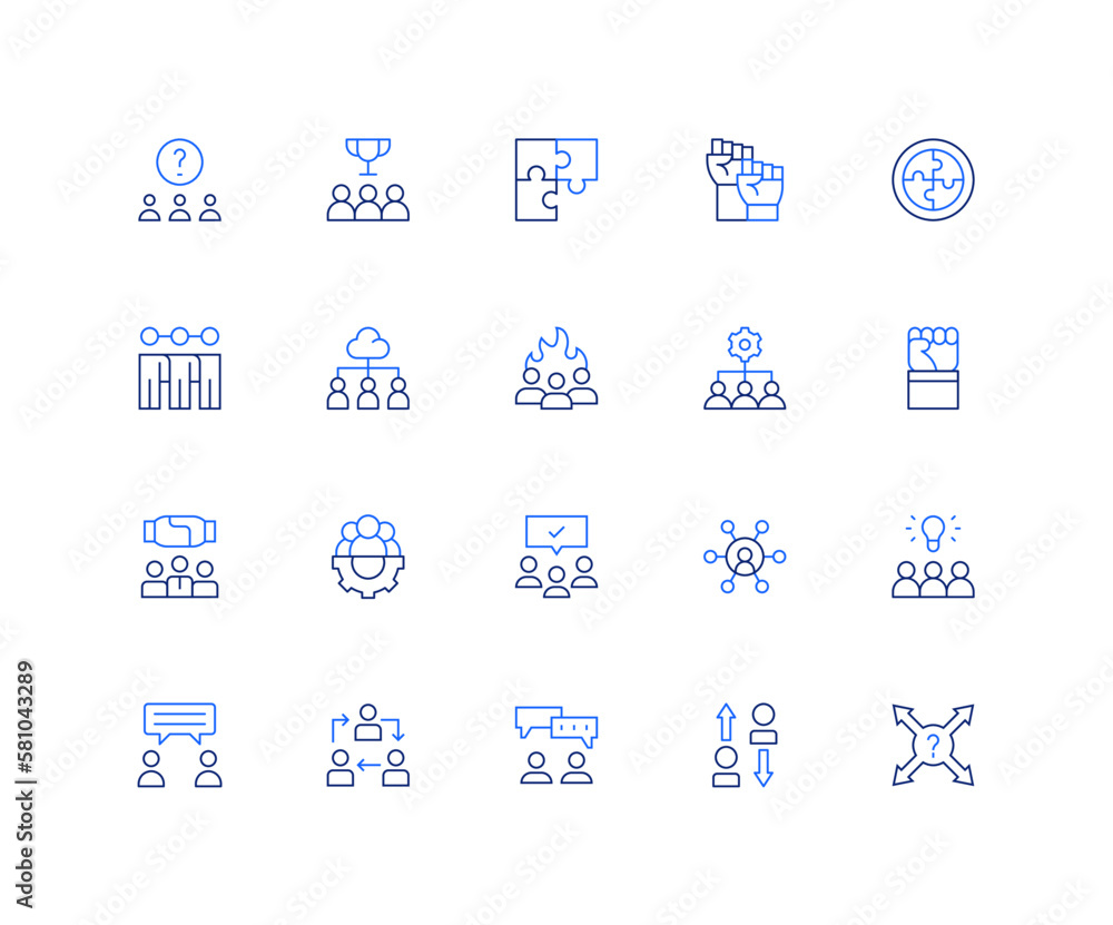 Teamwork icon set. Editable stroke. Duotone color. question, trophy ...
