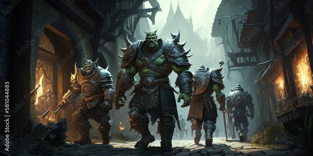 Group of orcs with heavy armor attacking village, realistic art style ...