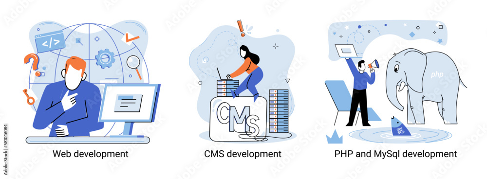 Website architecture concepts metaphor. Web development, PHP and MySQL, CMS, interface design ...