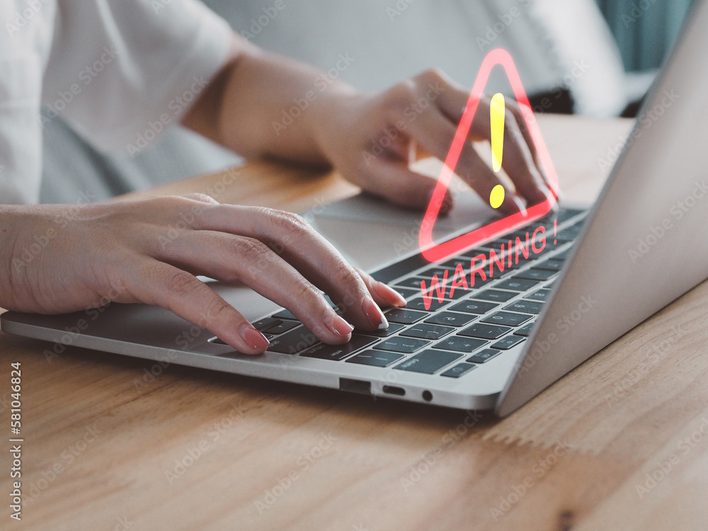 Foto de alert system warning red triangle sign network security cyber on a computer network Hack ...