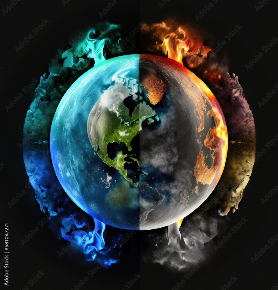 Earth suspended in deep space with the four elements air fire water ...