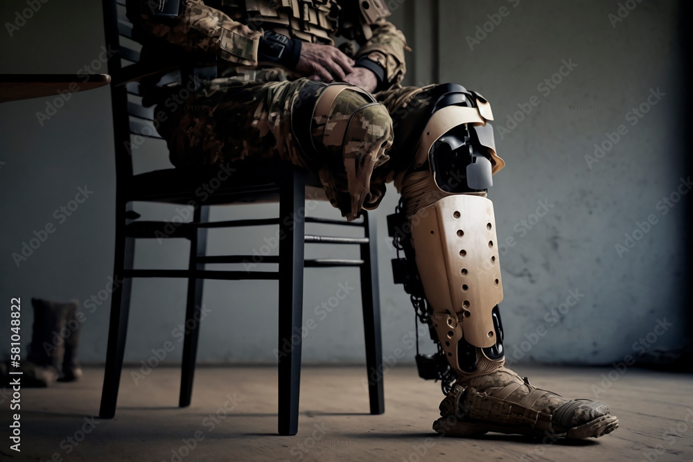 A man in military uniform with a prosthetic leg sits on a chair, modern ...
