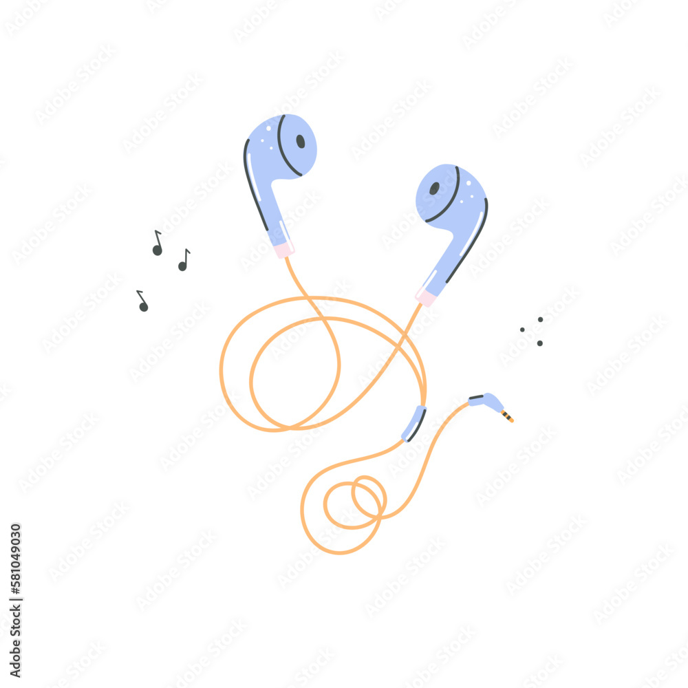 Wired headphone illustration. Cute kawaii earphone portable audio wired ...