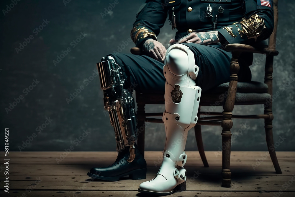 A man in military uniform with a prosthetic leg sits on a chair, modern ...