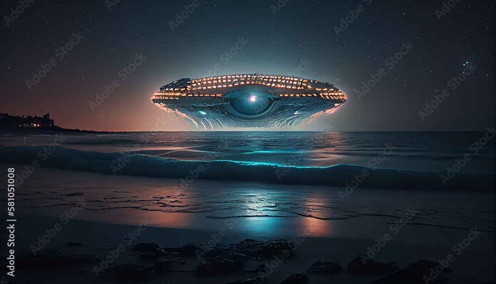 UFO, an alien plate hovering above water, hovering motionless in the ...