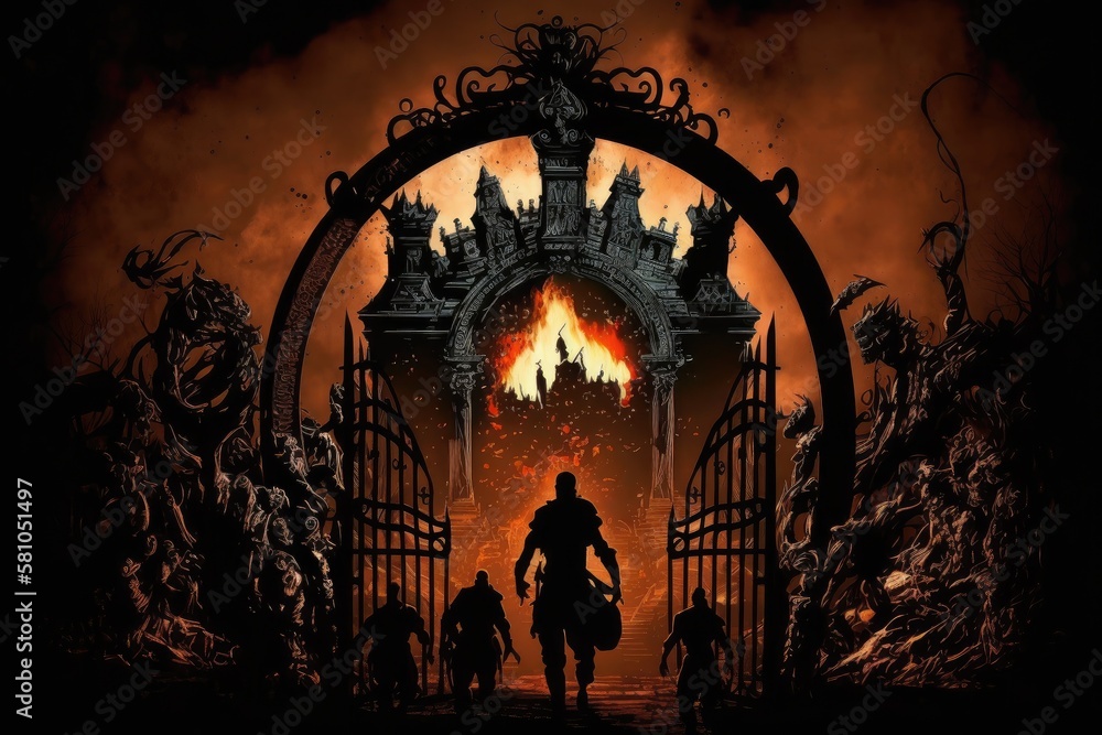 gothic horror gate to hell with flames on turret and figures, created ...