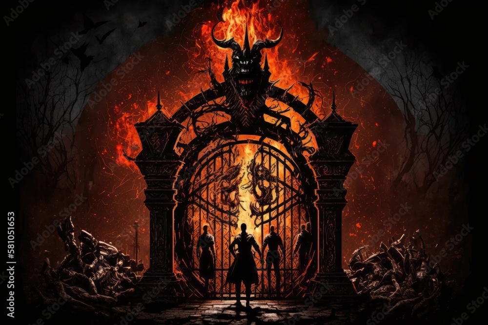 gothic horror gate to hell with flames on turret and figures, created ...