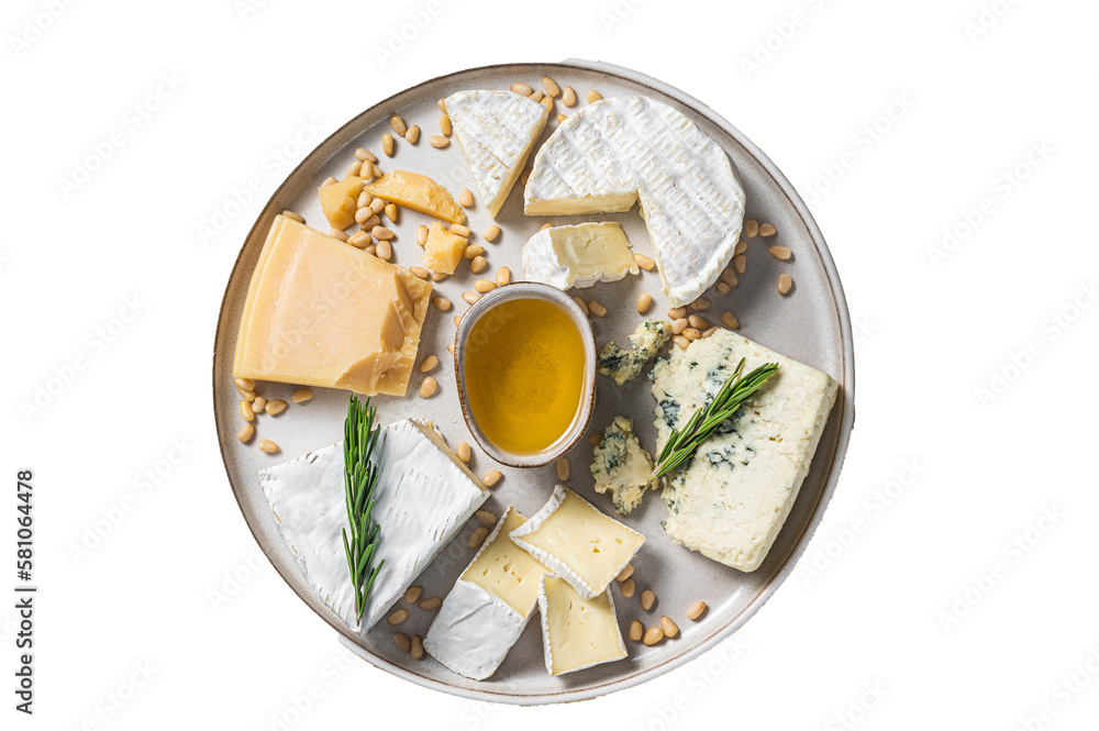 French Cheese platter with camembert, brie, Gorgonzola, parmesan, honey ...