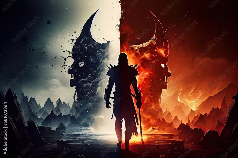 a person standing between two battling forces of good and evil ...