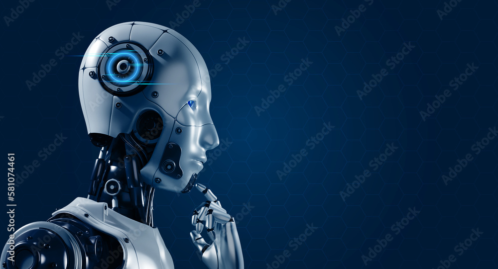 3d rendering of humanoid robot cyborg thinking and compute on blue ...