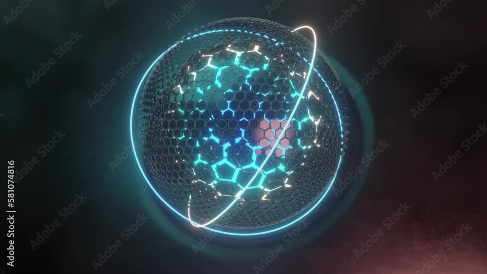 Loop futuristic 3d animation of a mysterious cosmic sphere made of metal hexagons in the space ...