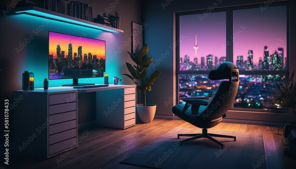 A computer desk and a bookcase are seen in a 3D picture of a modern ...