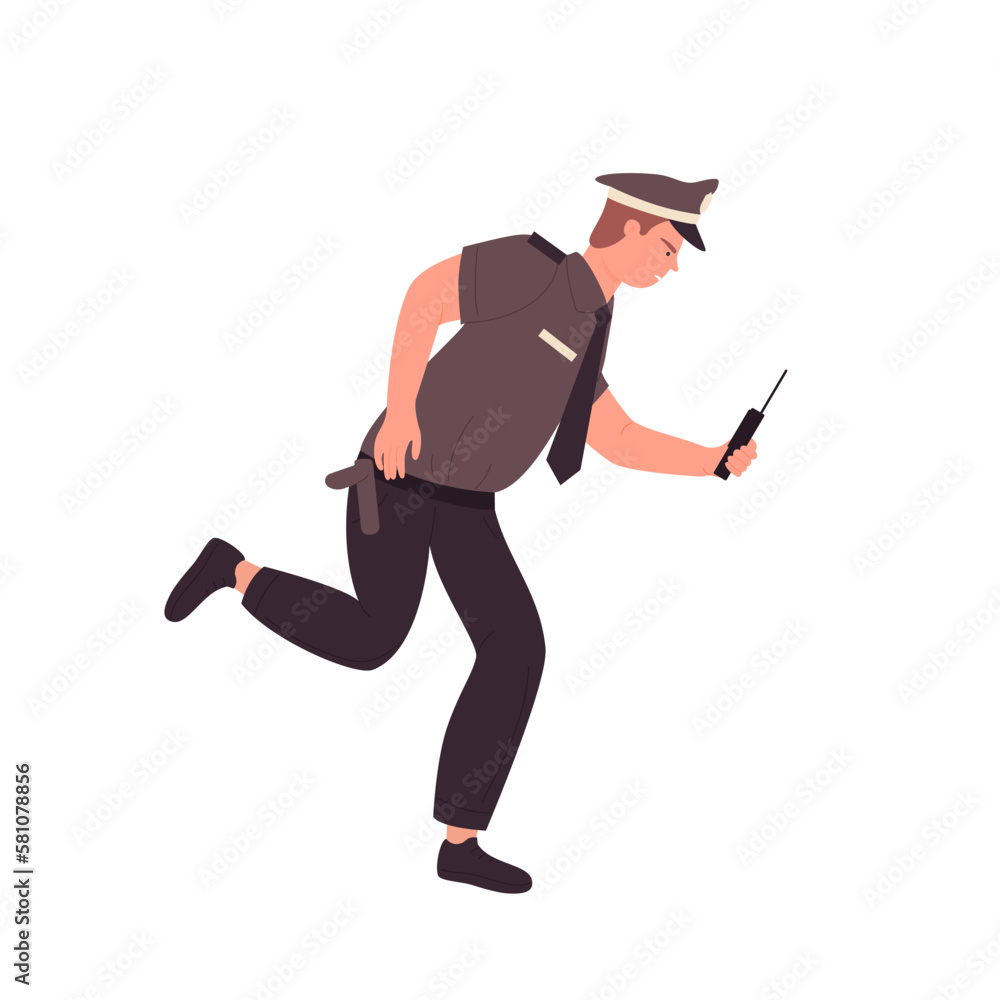 Angry policeman running. Police officer in chasing pose vector ...
