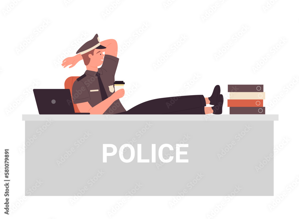 Policeman at police office. Police department, relaxed police officer ...